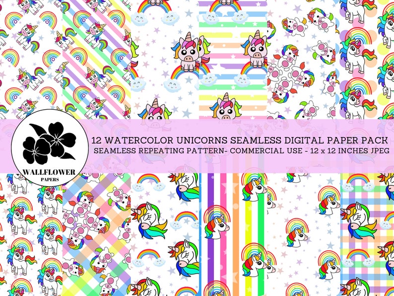 Rainbow Unicorns Seamless Digital Papers, Unicorns and Rainbows ...