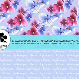 Watercolor Blue Hydrangea Floral Seamless Digital Papers, Blue and Pink ...