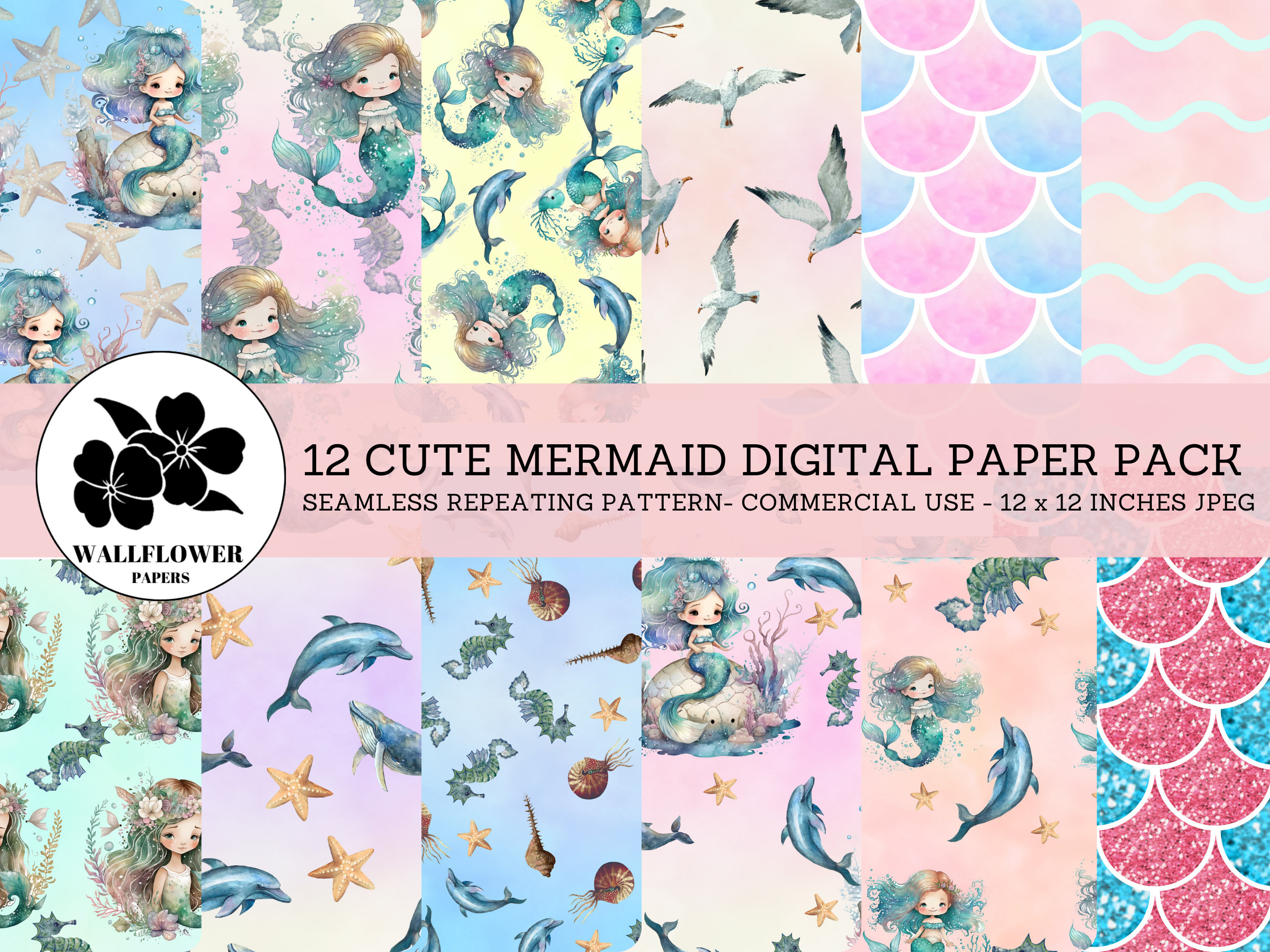 Cute Mermaid Seamless Digital Papers 1, Mermaids and Sea Creatures ...