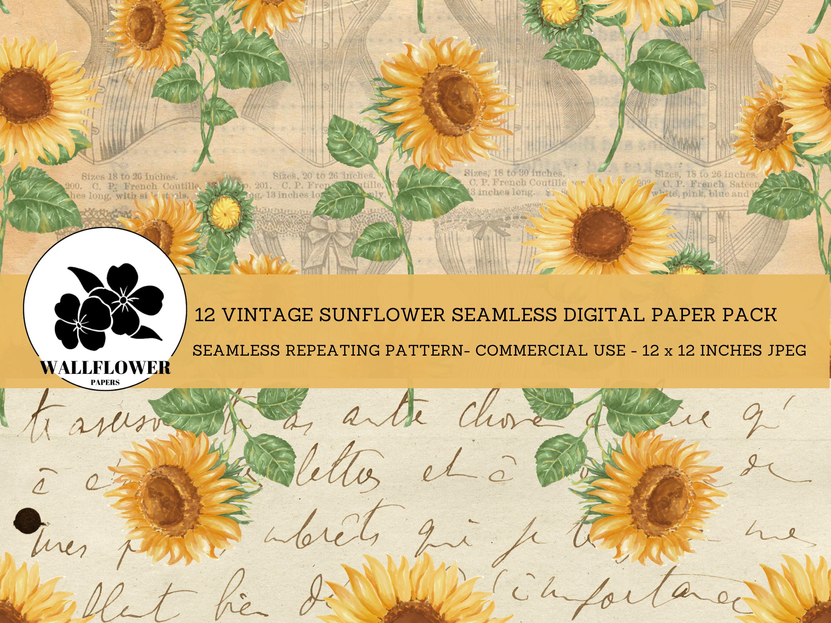 Vintage Sunflowers Digital Papers, Flowers & Bees Scrapbook Paper ...