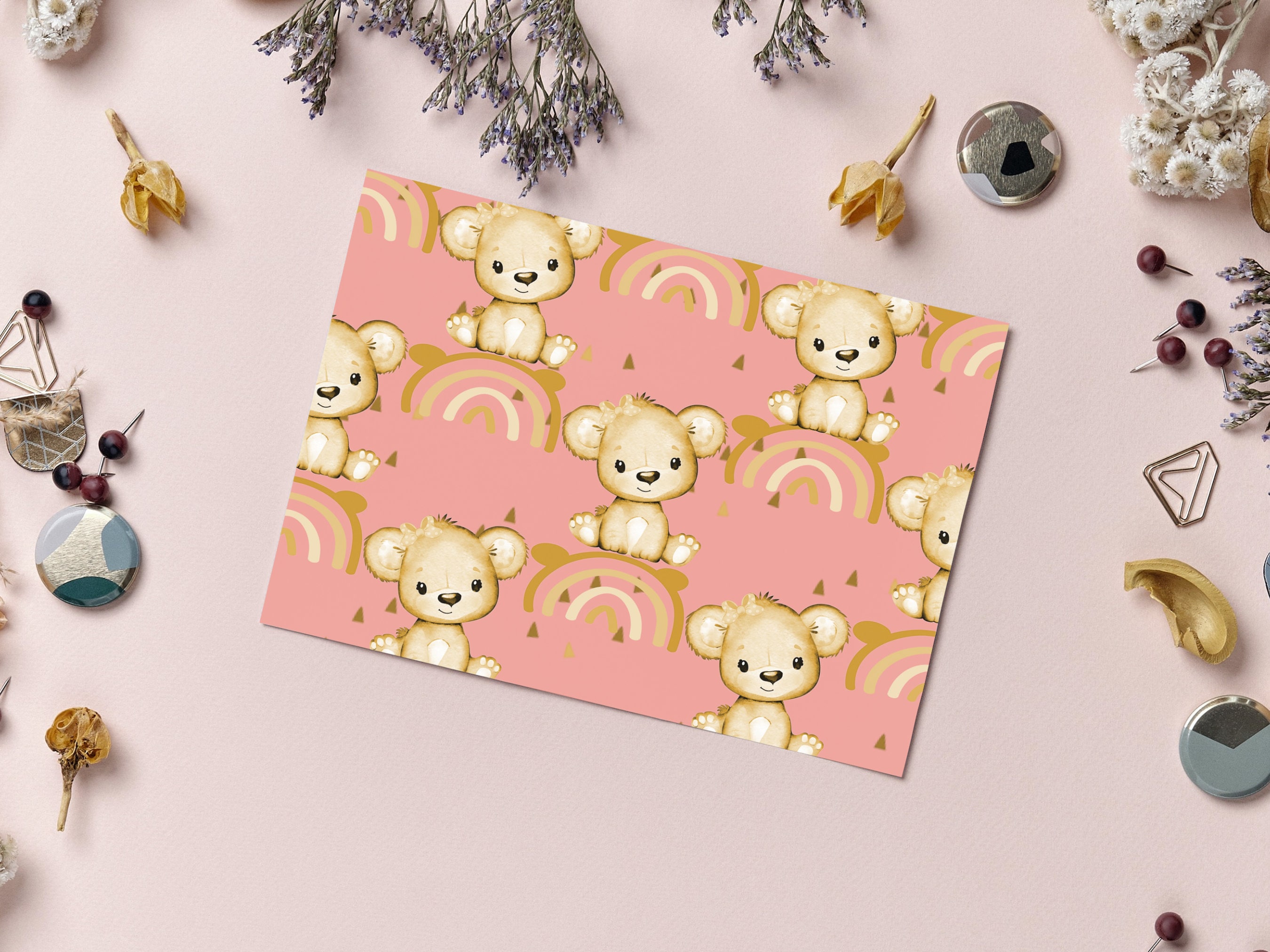 Teddy Bear Nursery Seamless Digital Papers, Pink Baby Girl & Rainbows ...