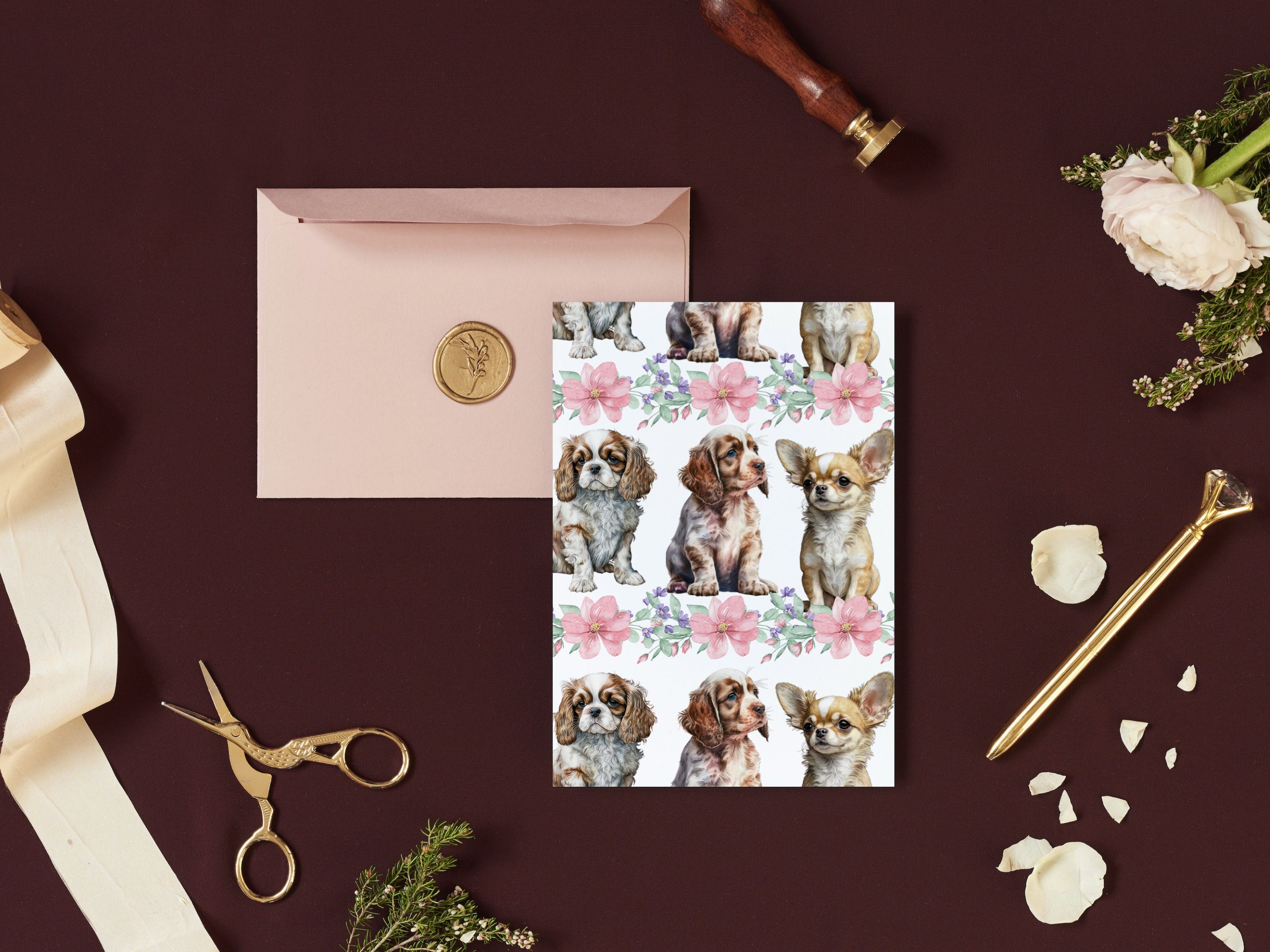 Watercolor Dog Floral Seamless Digital Papers, Dog Portraits and ...