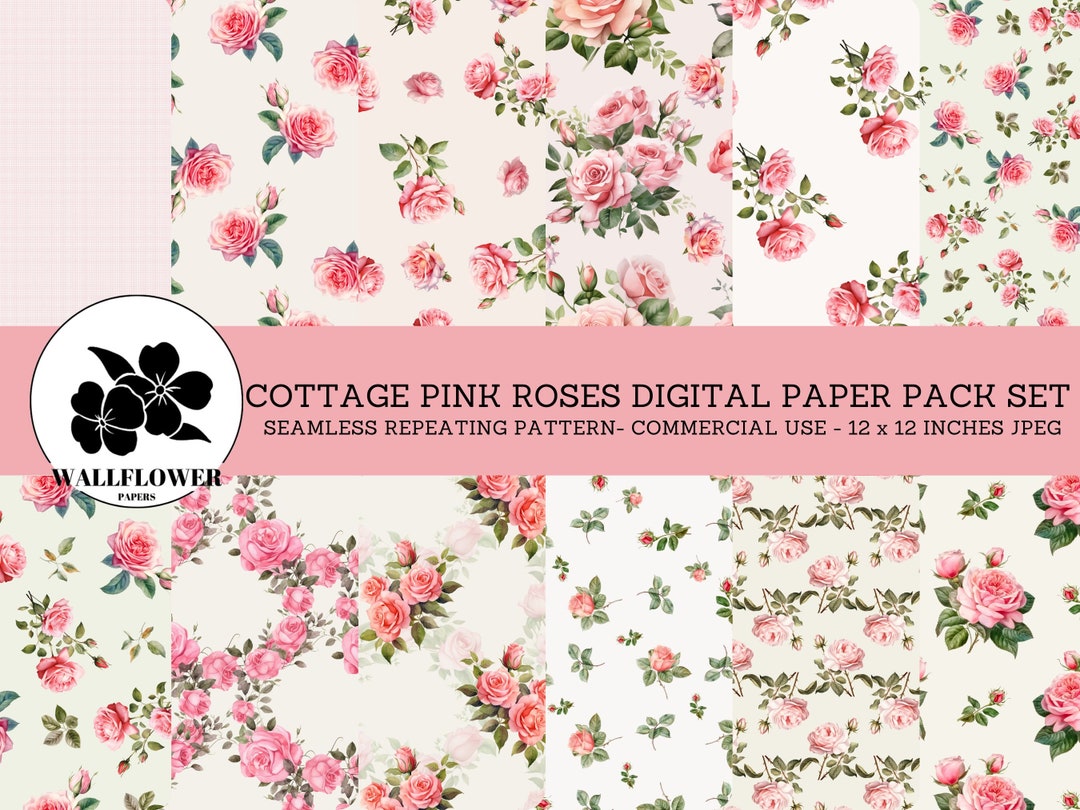 Cottage Pink Roses Floral Seamless Digital Papers, Vintage Watercolor ...