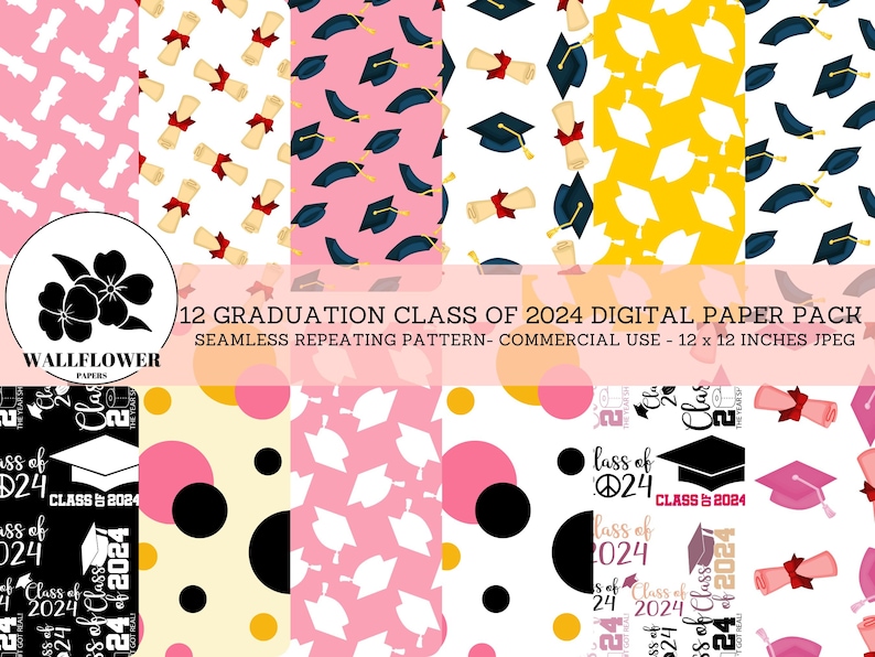 Class of 2024 Graduation Seamless Digital Papers, Graduation Hat ...