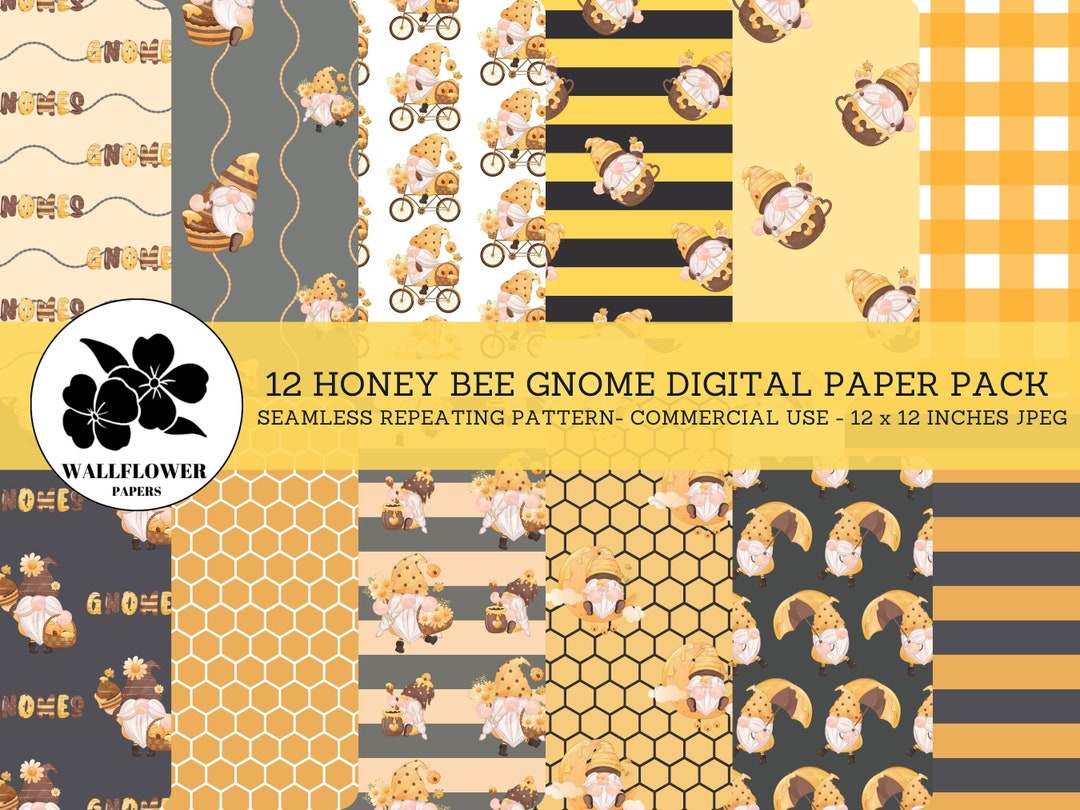 Honey Bee Gnome Seamless Digital Papers, Gnomes & Honey Bees Scrapbook ...