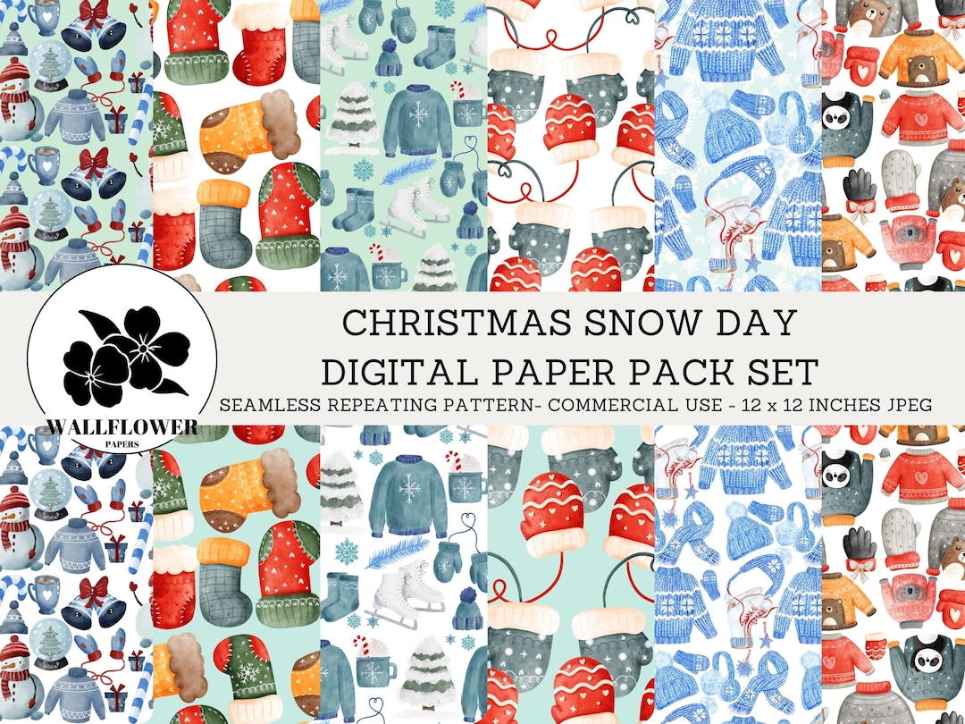Christmas Snow Day Seamless Digital Papers, Mittens, Jackets, and ...