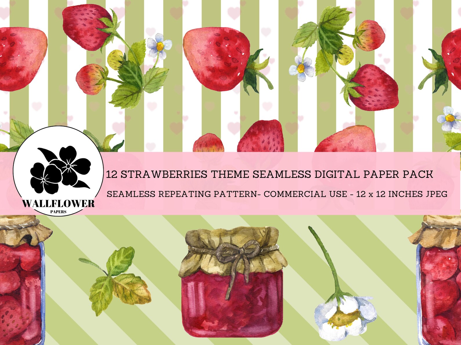 Strawberries Theme Digital Papers, Strawberry Summer Fruit and Jam, Red ...