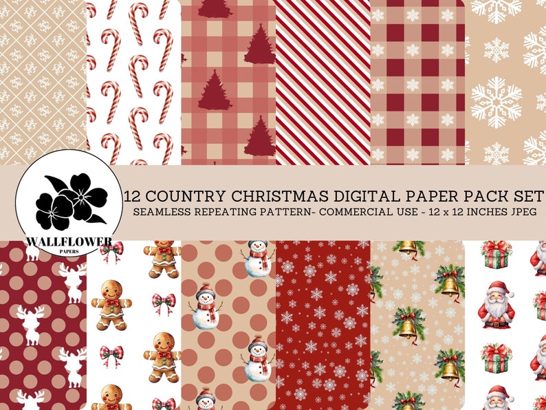 Country Christmas Seamless Digital Papers, Christmas Backgrounds ...