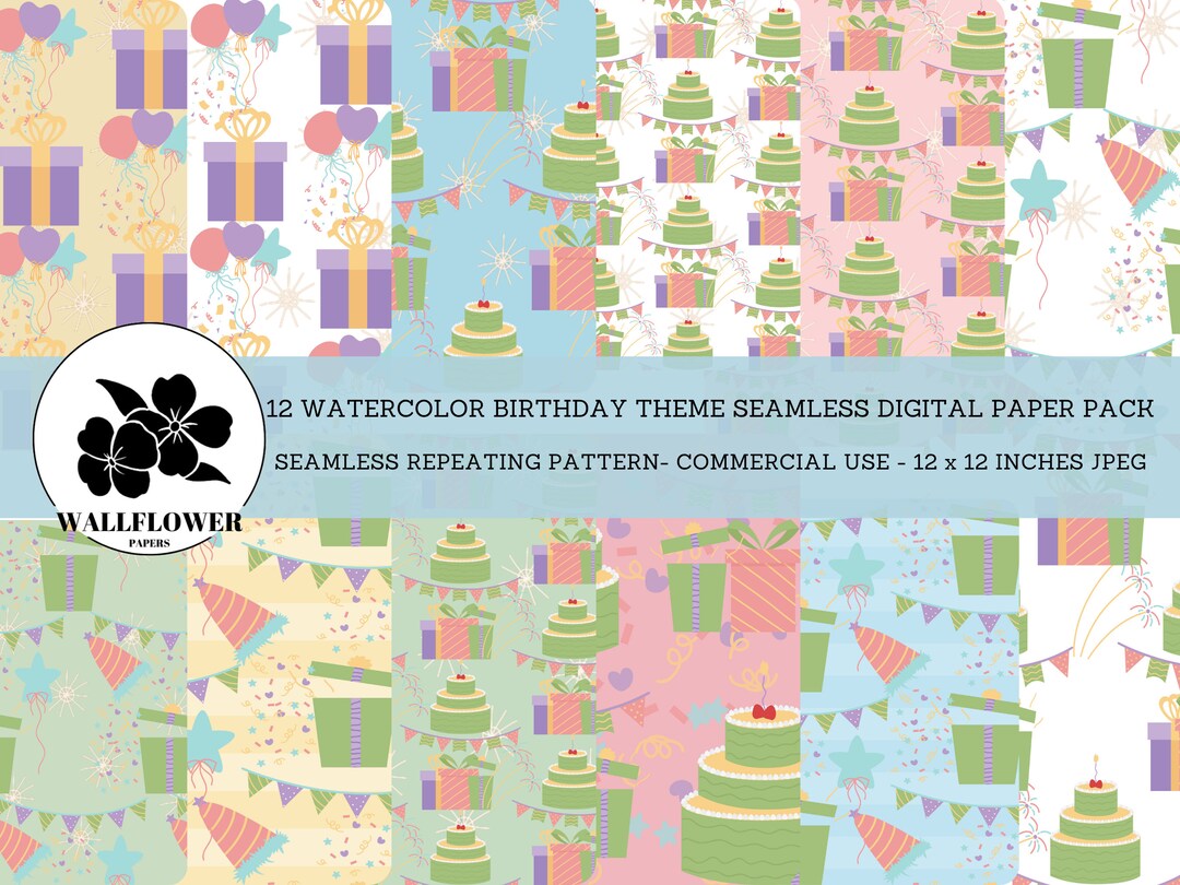 Watercolor Birthday Seamless Digital Papers, Cakes & Gifts, Happy ...