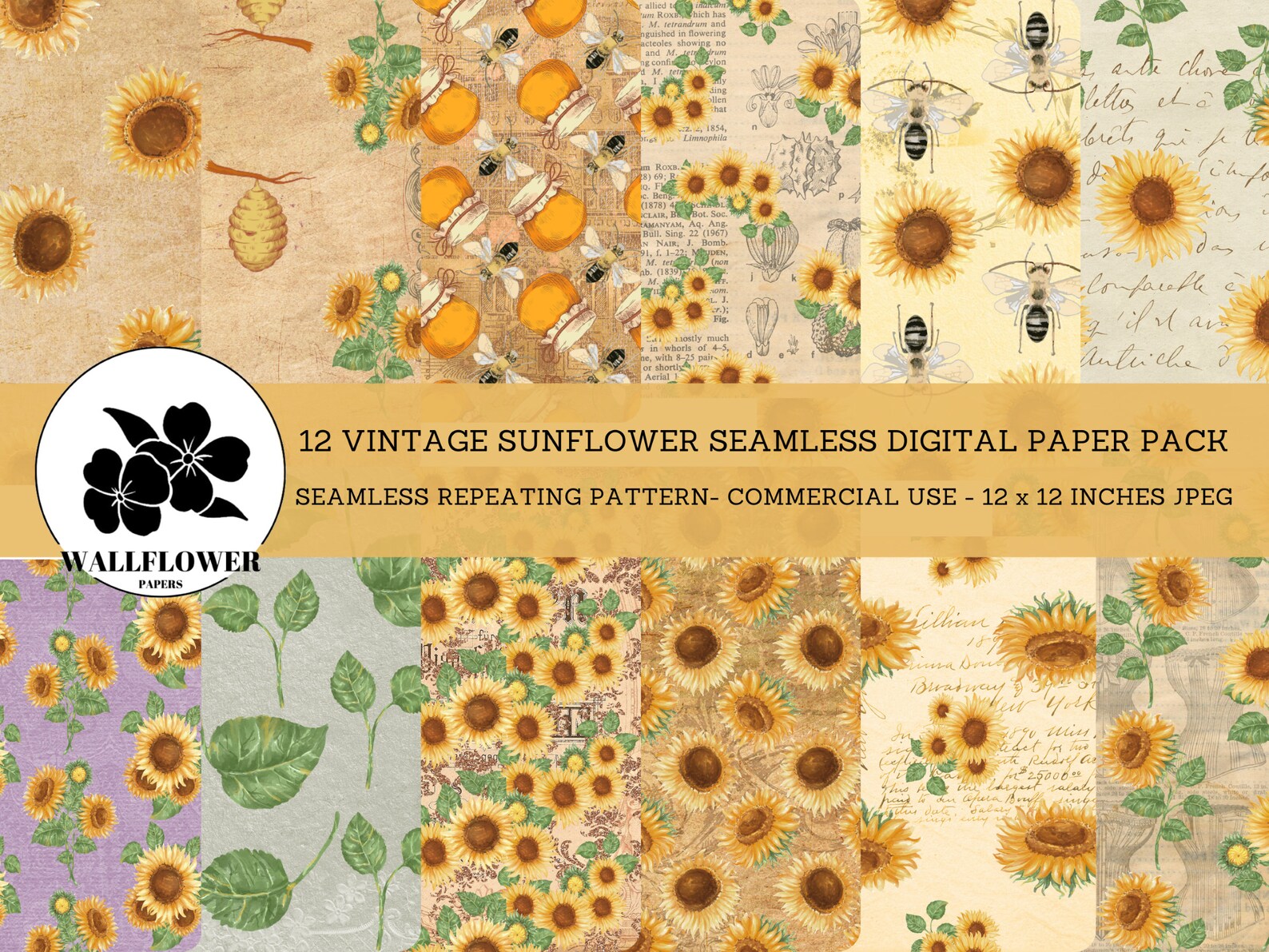 Vintage Sunflowers Digital Papers, Flowers & Bees Scrapbook Paper ...