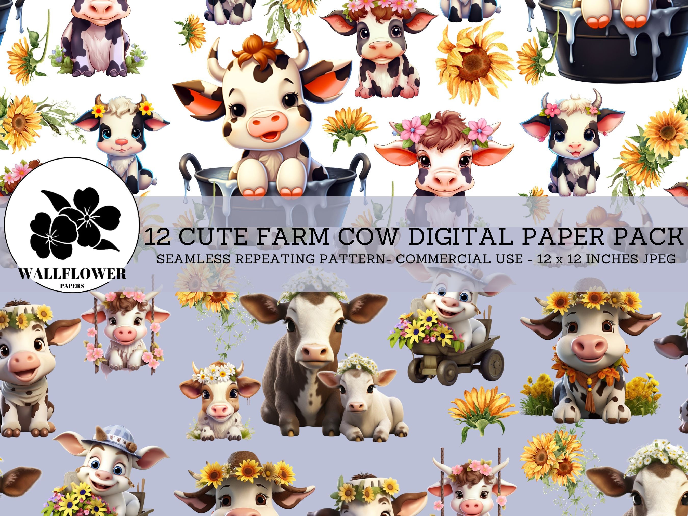 Cute Farm Cow Seamless Digital Papers, Cute Baby Cows, Blue and White ...