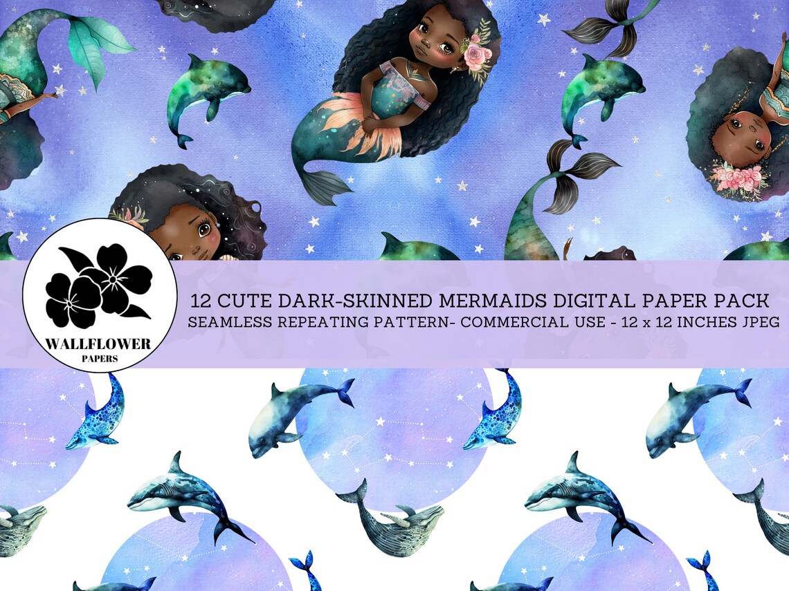 Cute Dark-skinned Mermaids Seamless Digital Papers, Mermaids and Sea ...