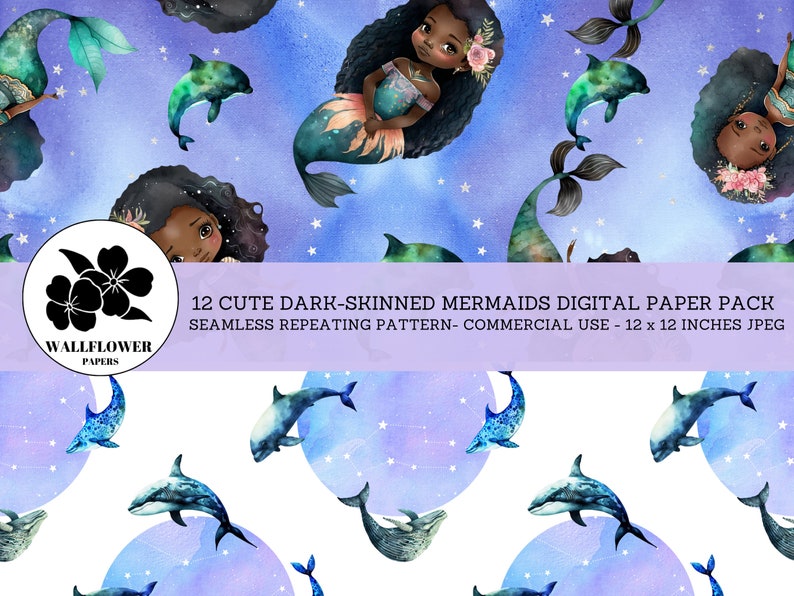 Cute Dark-skinned Mermaids Seamless Digital Papers, Mermaids and Sea ...
