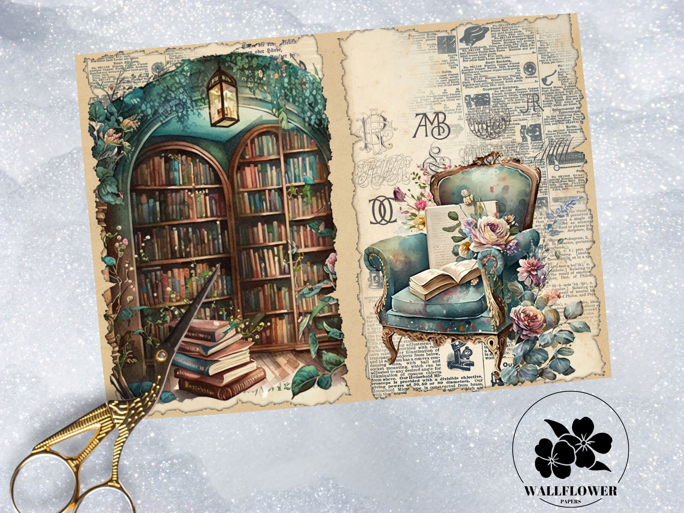 Book Lover & Libraries Junk Journal Pages, Vintage Bookshelf Junk ...