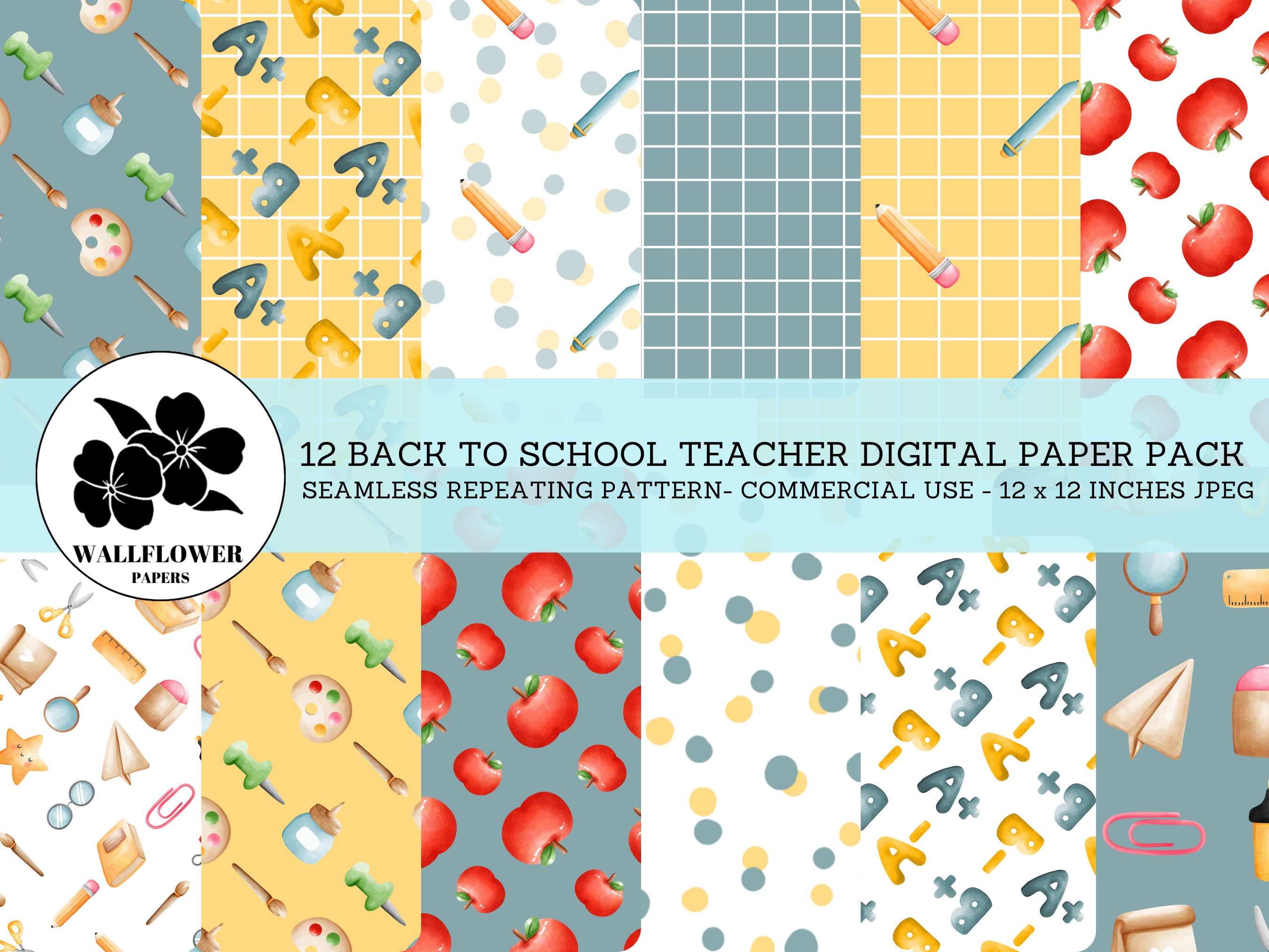 Back to School Teacher Seamless Digital Papers 1, Apples & Pens, Blue ...