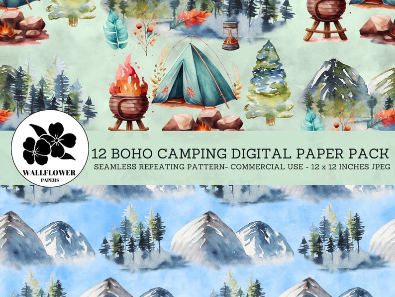 Boho Camping Seamless Digital Papers, Tent, Fire & Mountains, Watercolor Backgrounds, Commercial ...