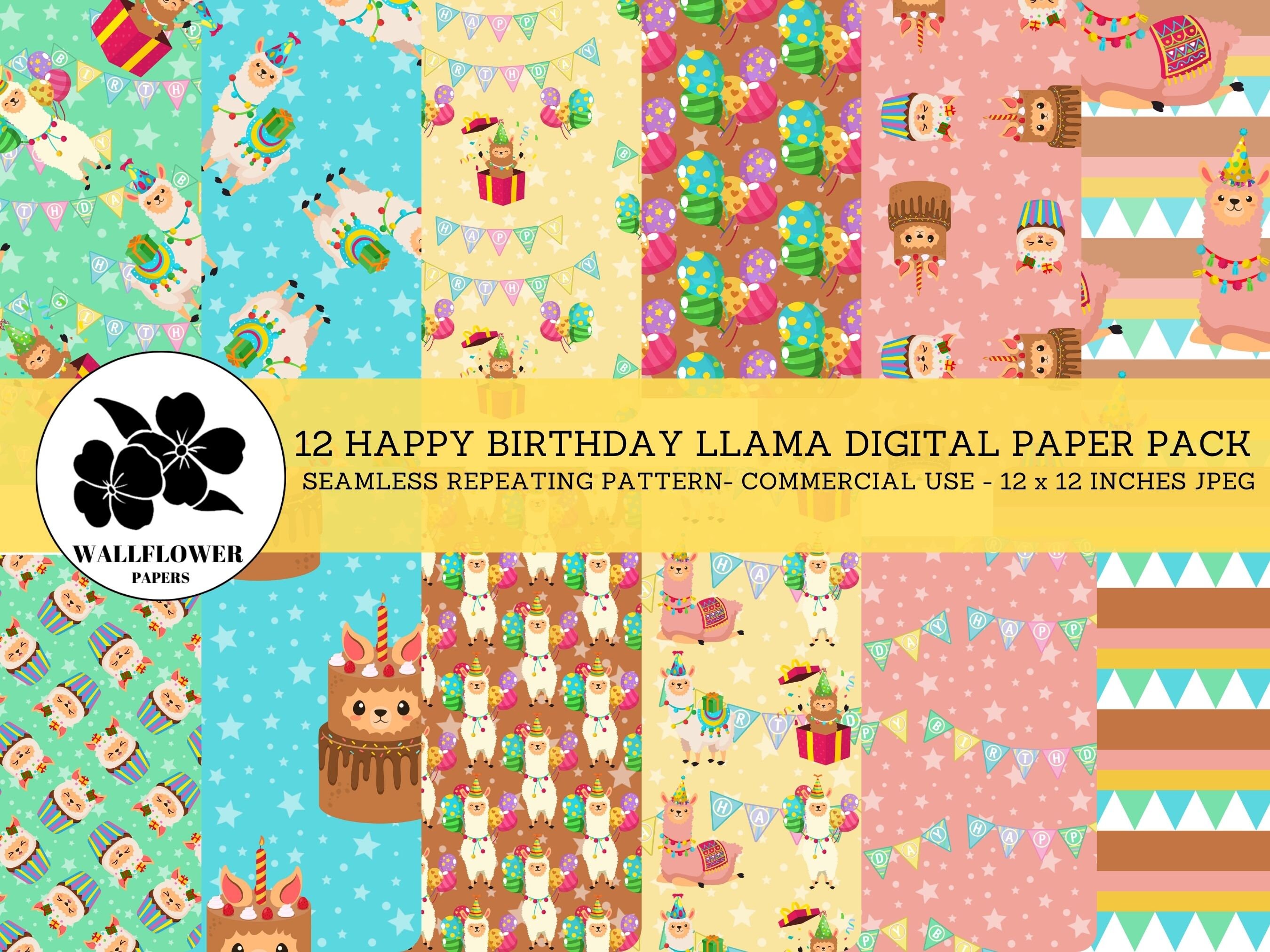 Happy Birthday Llama Seamless Digital Papers, Llamas & Cakes, Happy ...