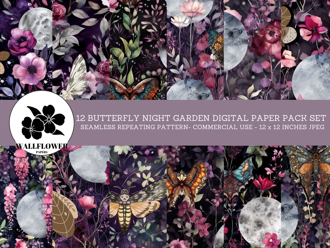 Butterfly Night Garden Seamless Digital Papers, Night Flowers, Moons ...