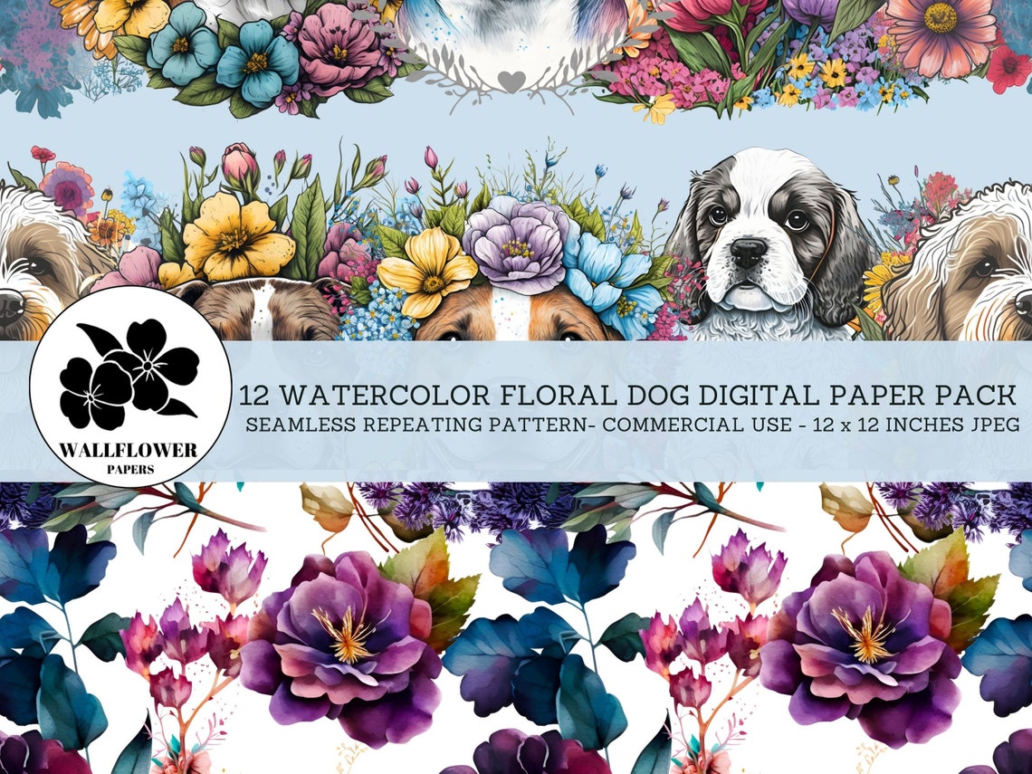 Watercolor Dog Floral Seamless Digital Papers Cute Puppy Dogs With ...