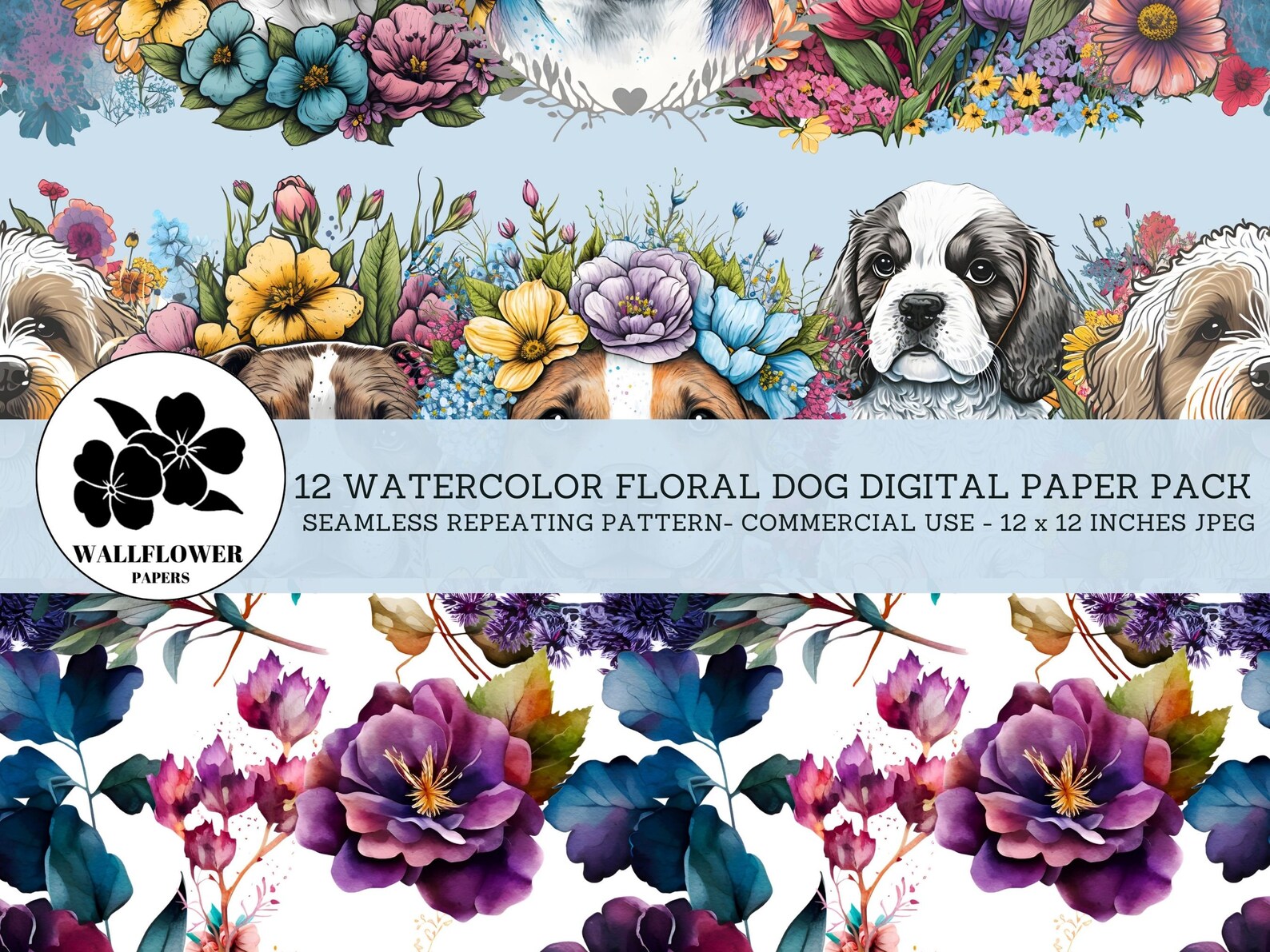 Watercolor Dog Floral Seamless Digital Papers Cute Puppy Dogs With ...