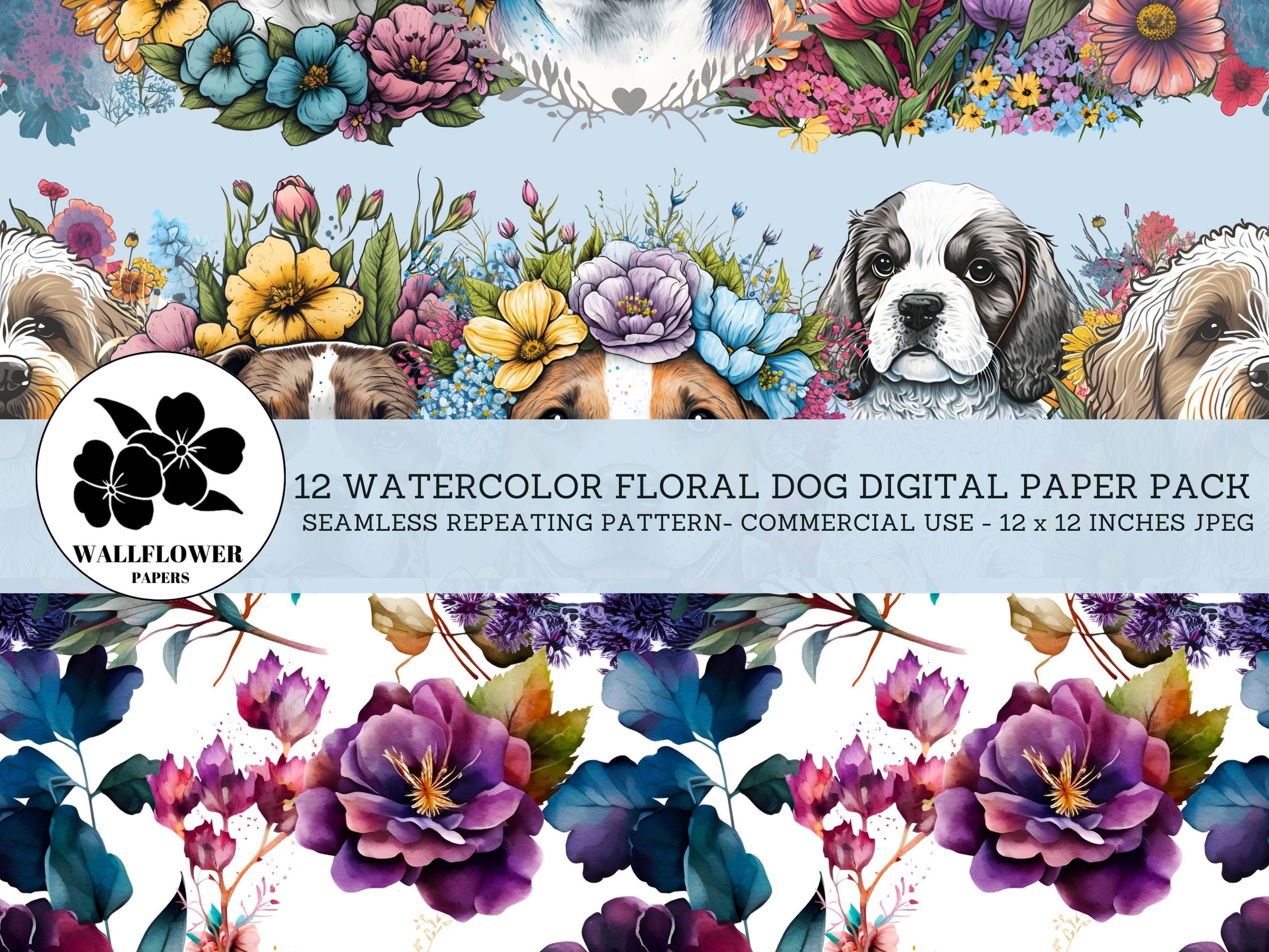 Watercolor Dog Floral Seamless Digital Papers Cute Puppy Dogs With ...