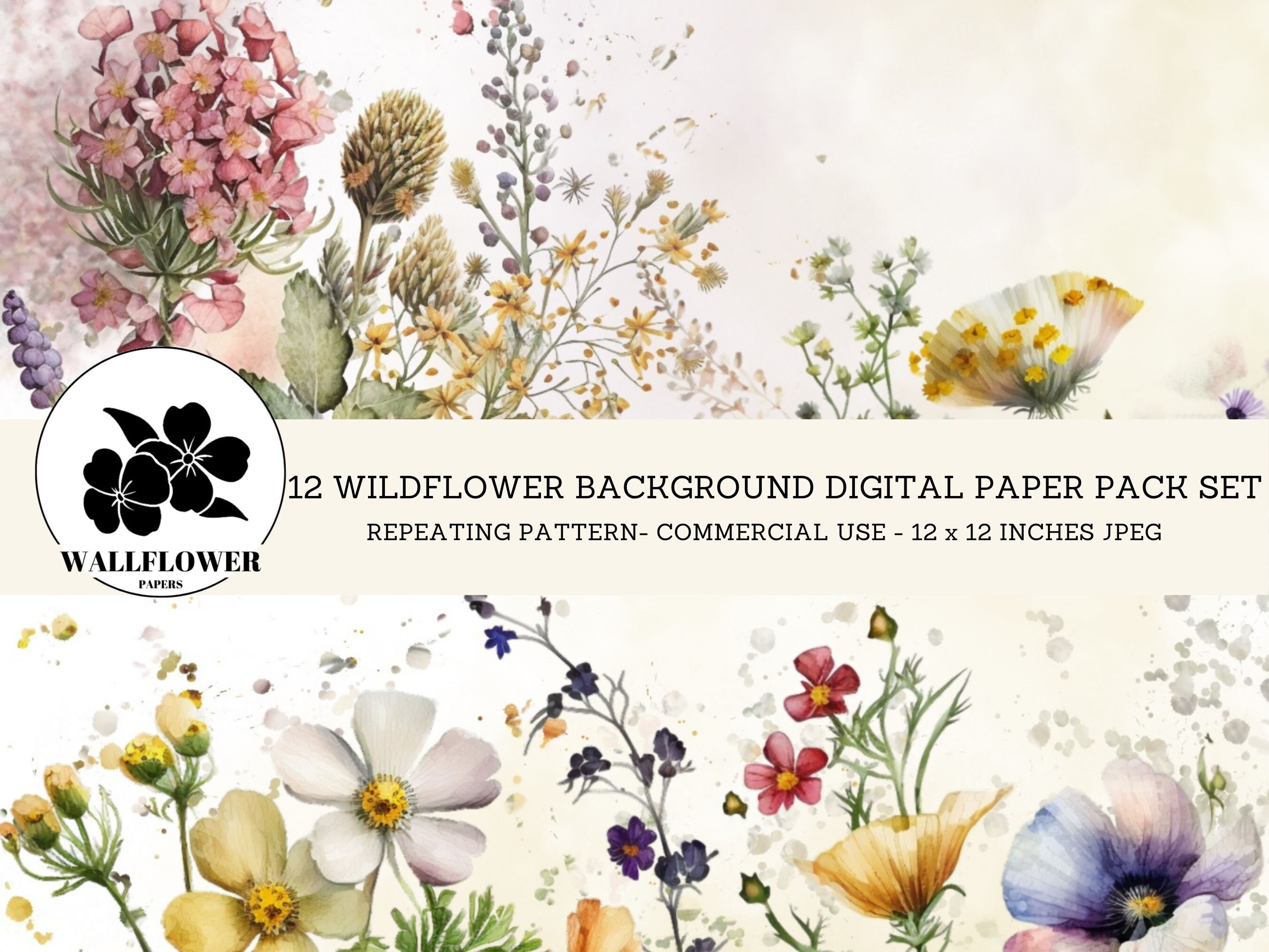 Wildflower Background Digital Papers, Watercolor Wildflower, Watercolor ...