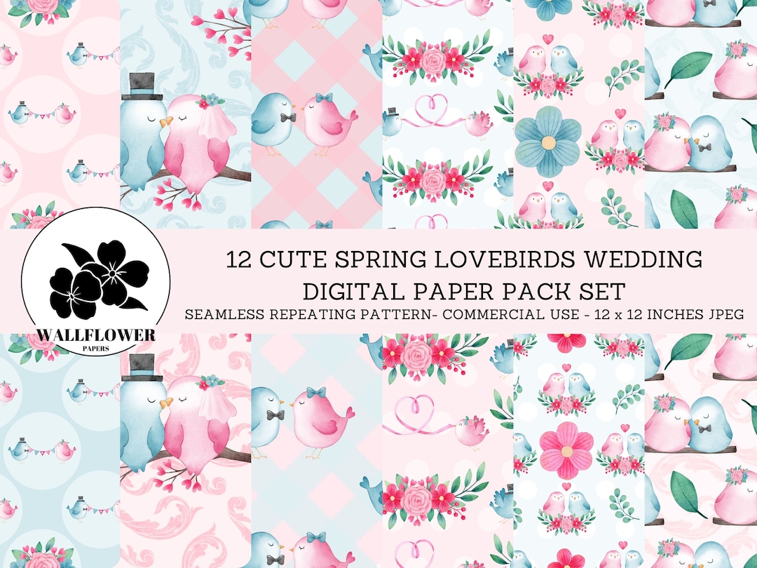 Cute Spring Lovebirds Wedding Seamless Digital Papers, Lovebirds, and ...