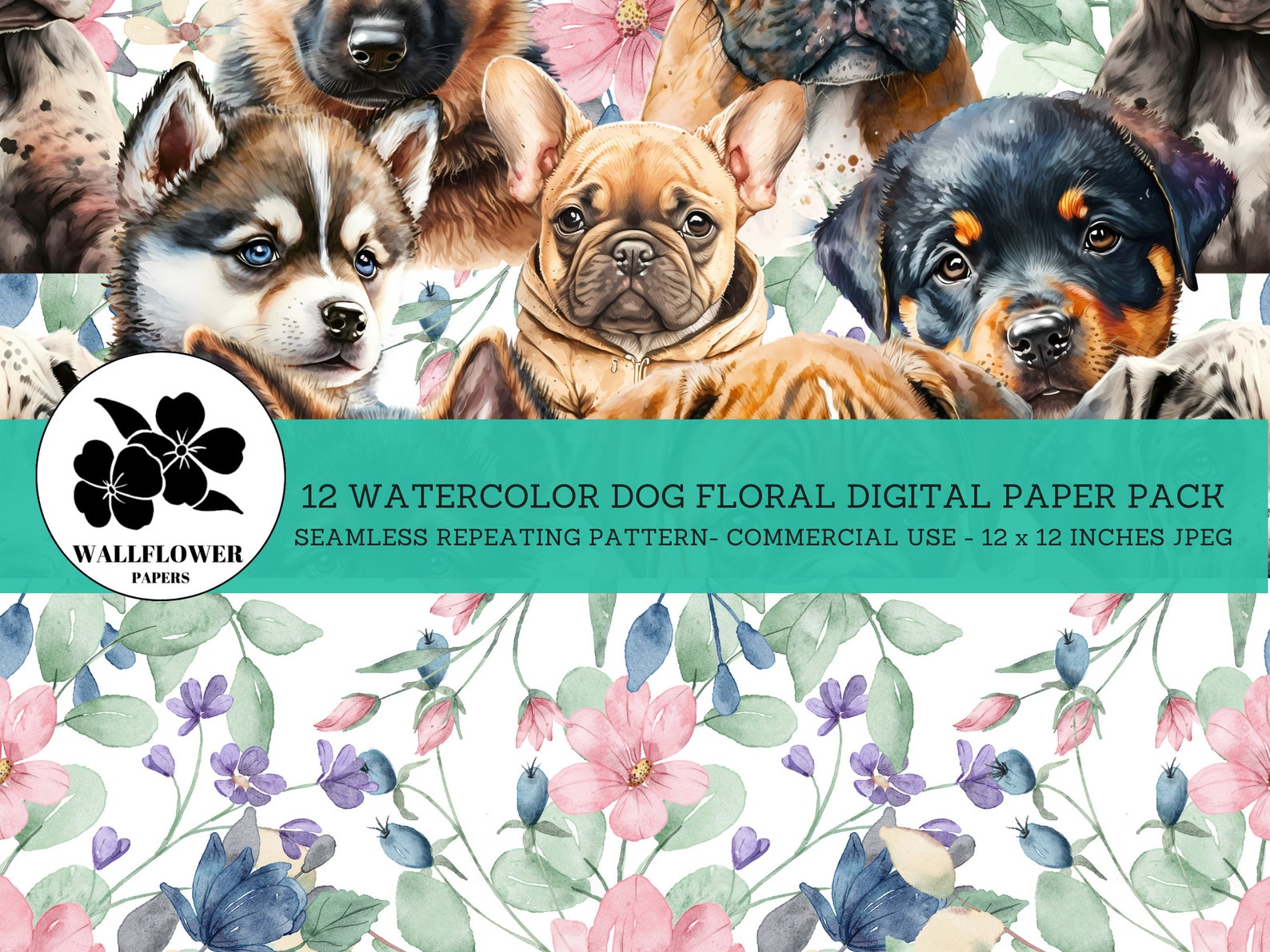 Watercolor Dog Floral Seamless Digital Papers Dog Portraits - Etsy