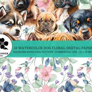 Watercolor Dog Floral Seamless Digital Papers, Dog Portraits and ...