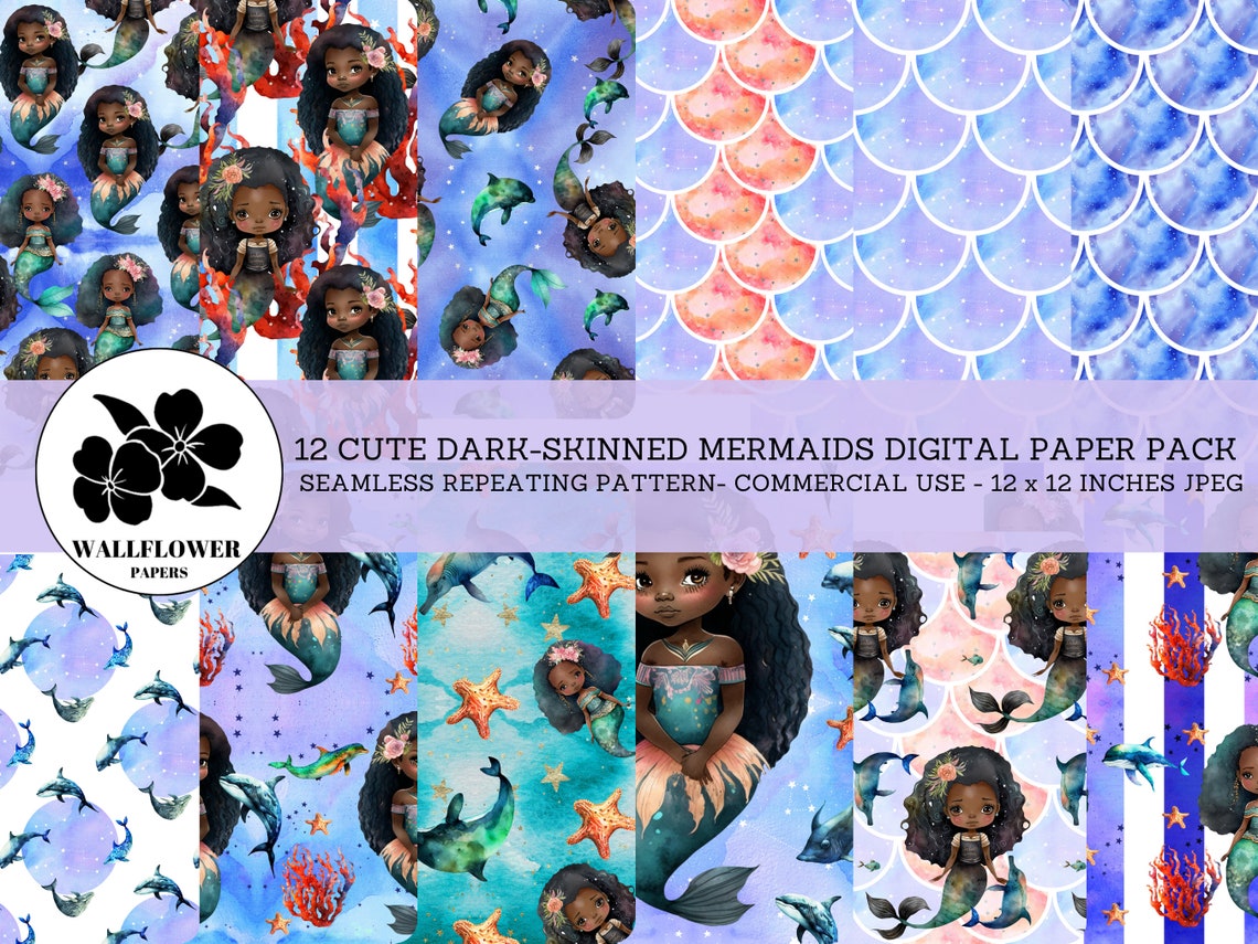 Cute Dark-skinned Mermaids Seamless Digital Papers, Mermaids and Sea ...