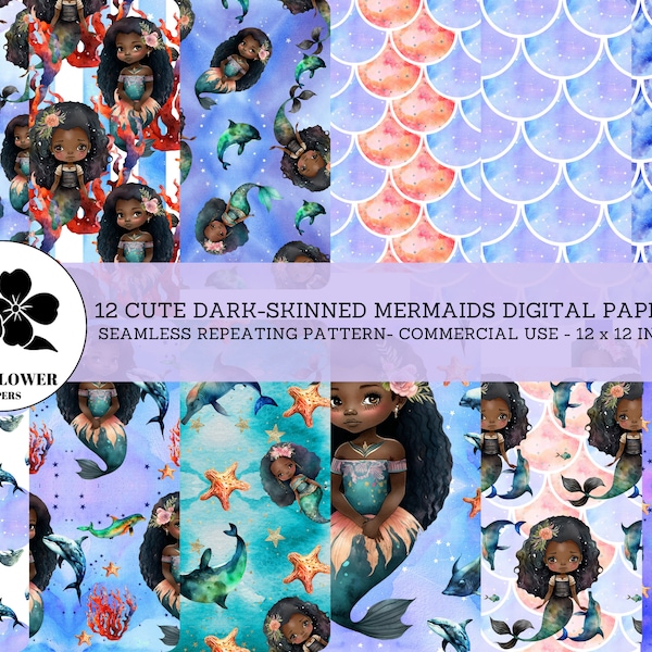Dark Skin Mermaids Cute Watercolor - Etsy