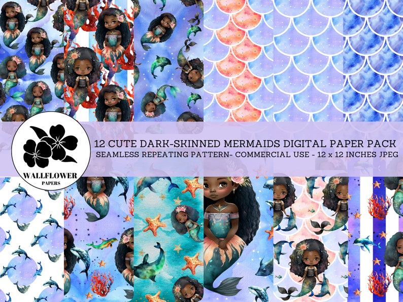 Cute Dark-skinned Mermaids Seamless Digital Papers, Mermaids and Sea ...