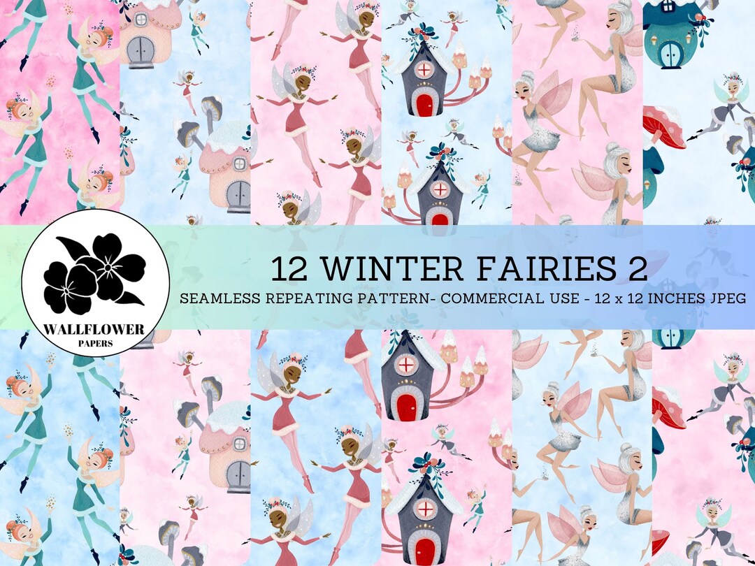 Magical Fairies Seamless Digital Papers, Winter Fairies, Mushrooms, and ...
