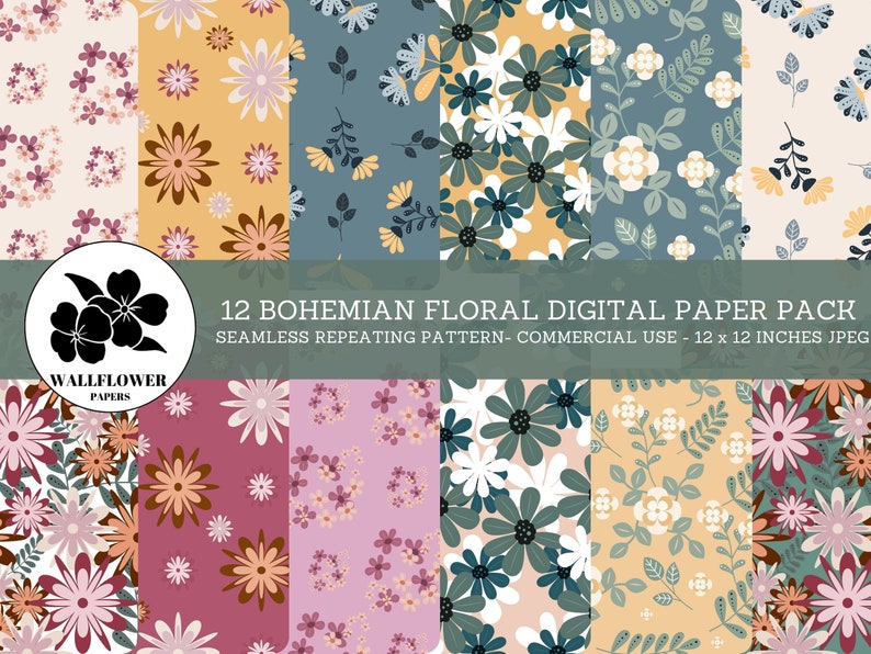 Bohemian Floral Seamless Digital Papers, Bohemian Spring Flowers, Boho ...