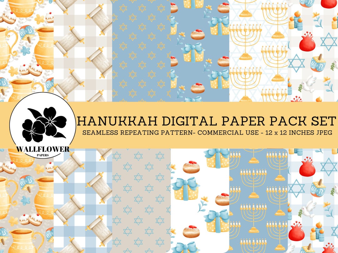 Hanukkah Festival Lights Seamless Digital Papers, Menorahs, Dreidels ...