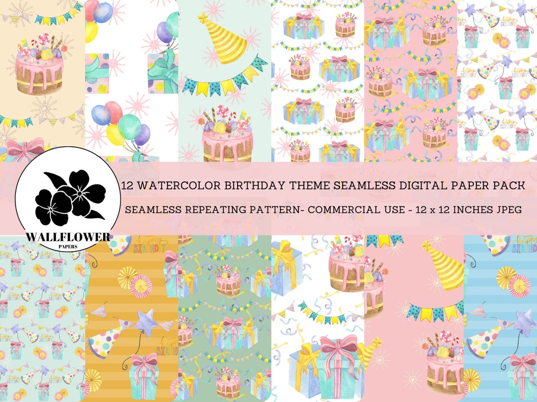 Watercolor Birthday Seamless Digital Papers, Cakes & Party Hats, Happy ...