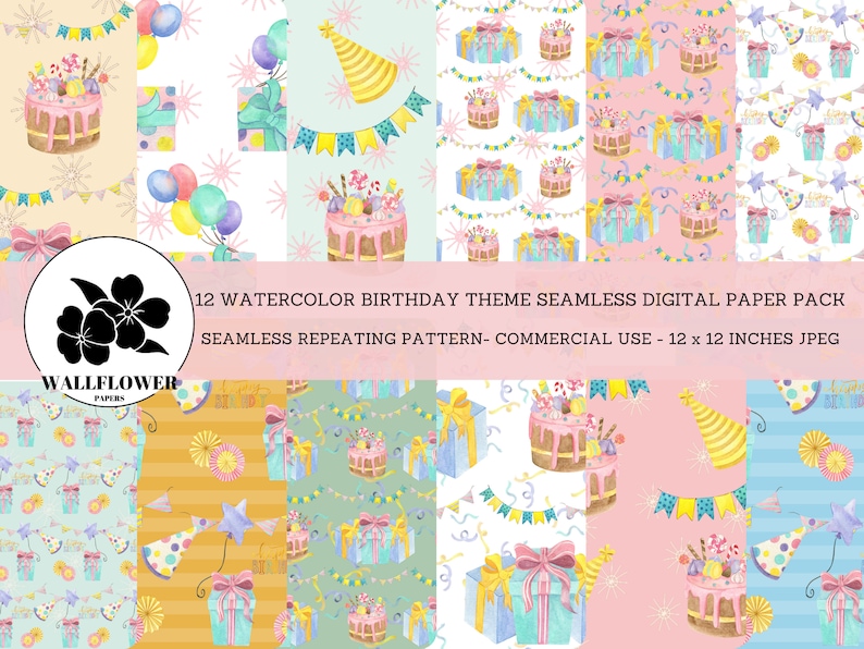 Watercolor Birthday Seamless Digital Papers, Cakes & Party Hats, Happy ...