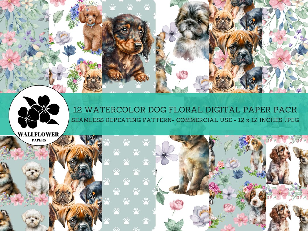 Watercolor Dog Floral Seamless Digital Papers, Dog Portraits and ...