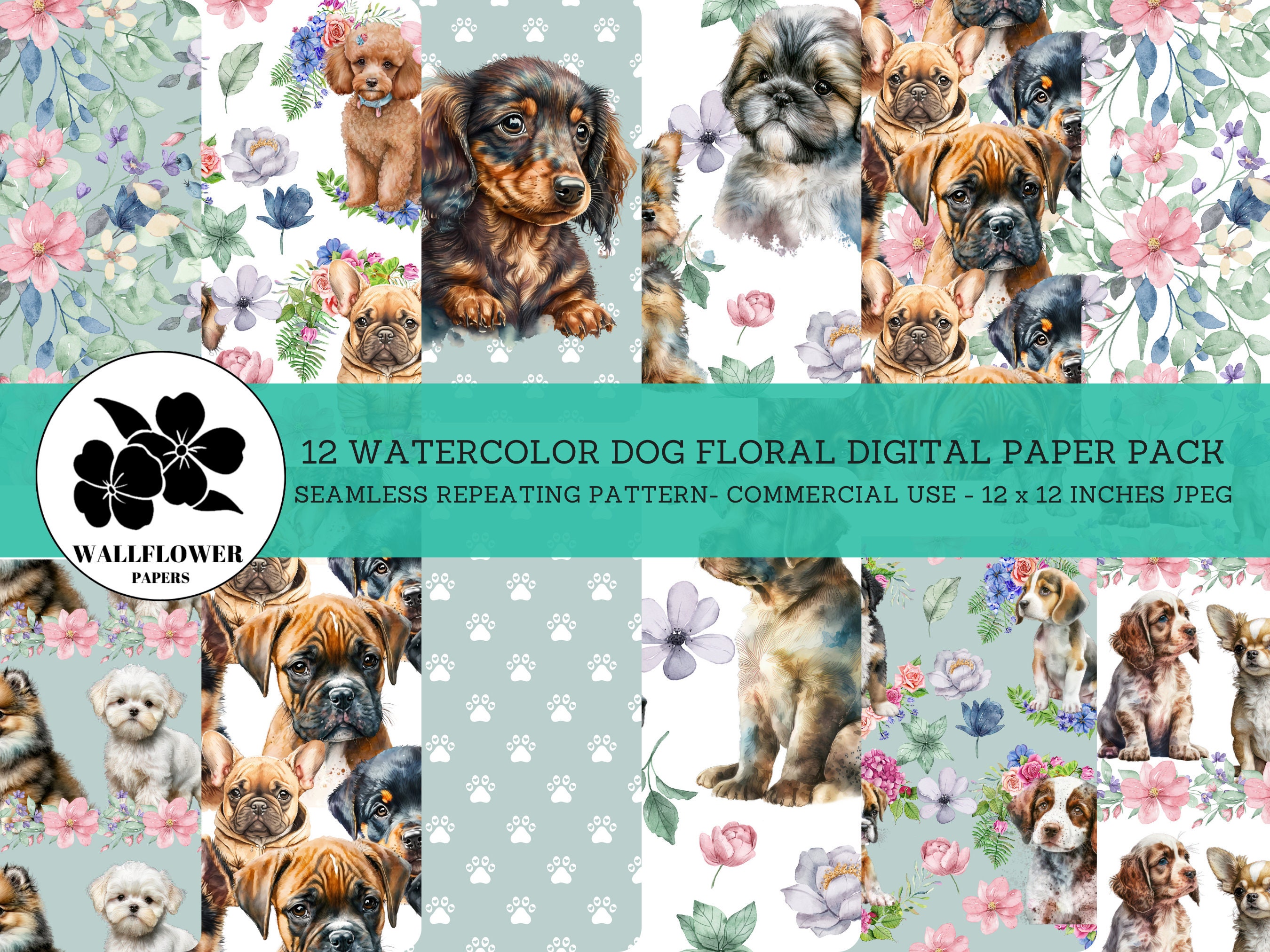 Watercolor Dog Floral Seamless Digital Papers, Dog Portraits and ...