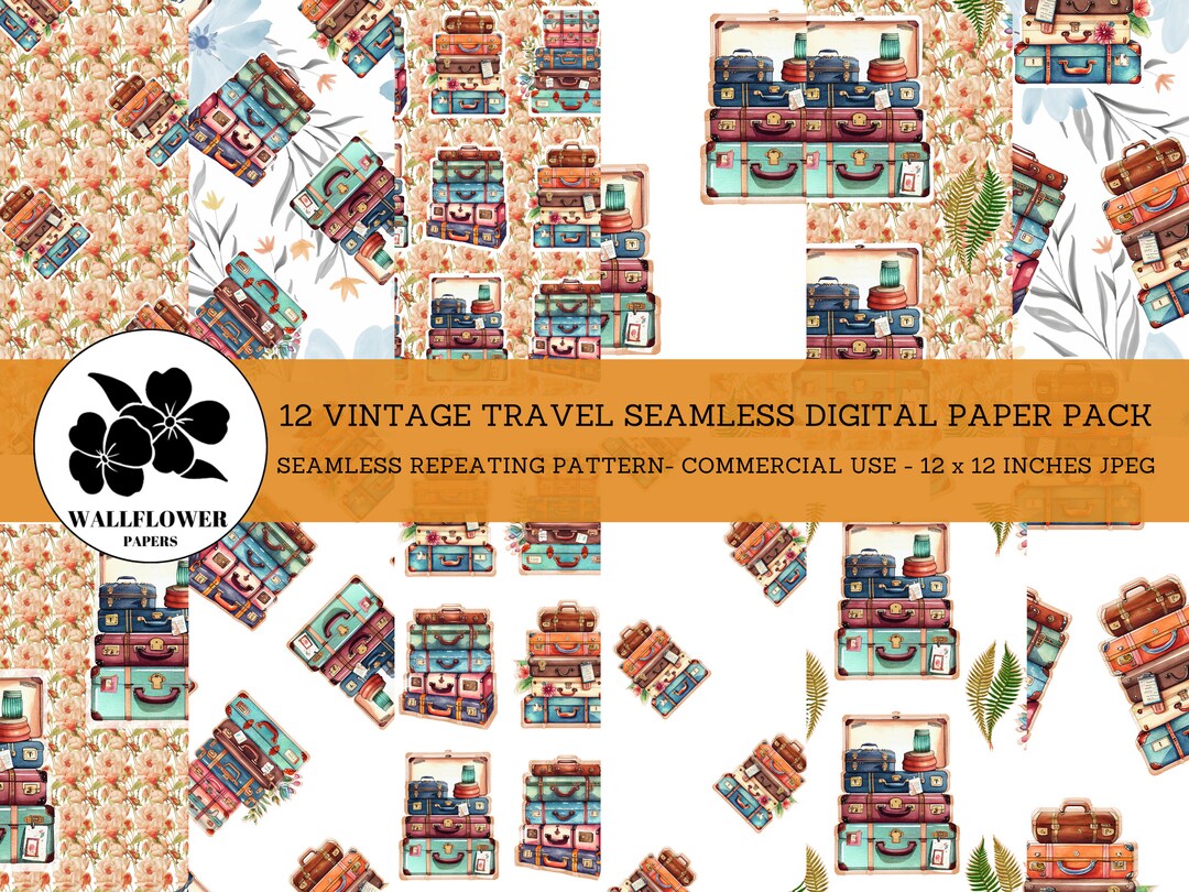 Vintage Travel Seamless Digital Papers, Suitcase and Flowers, Floral ...