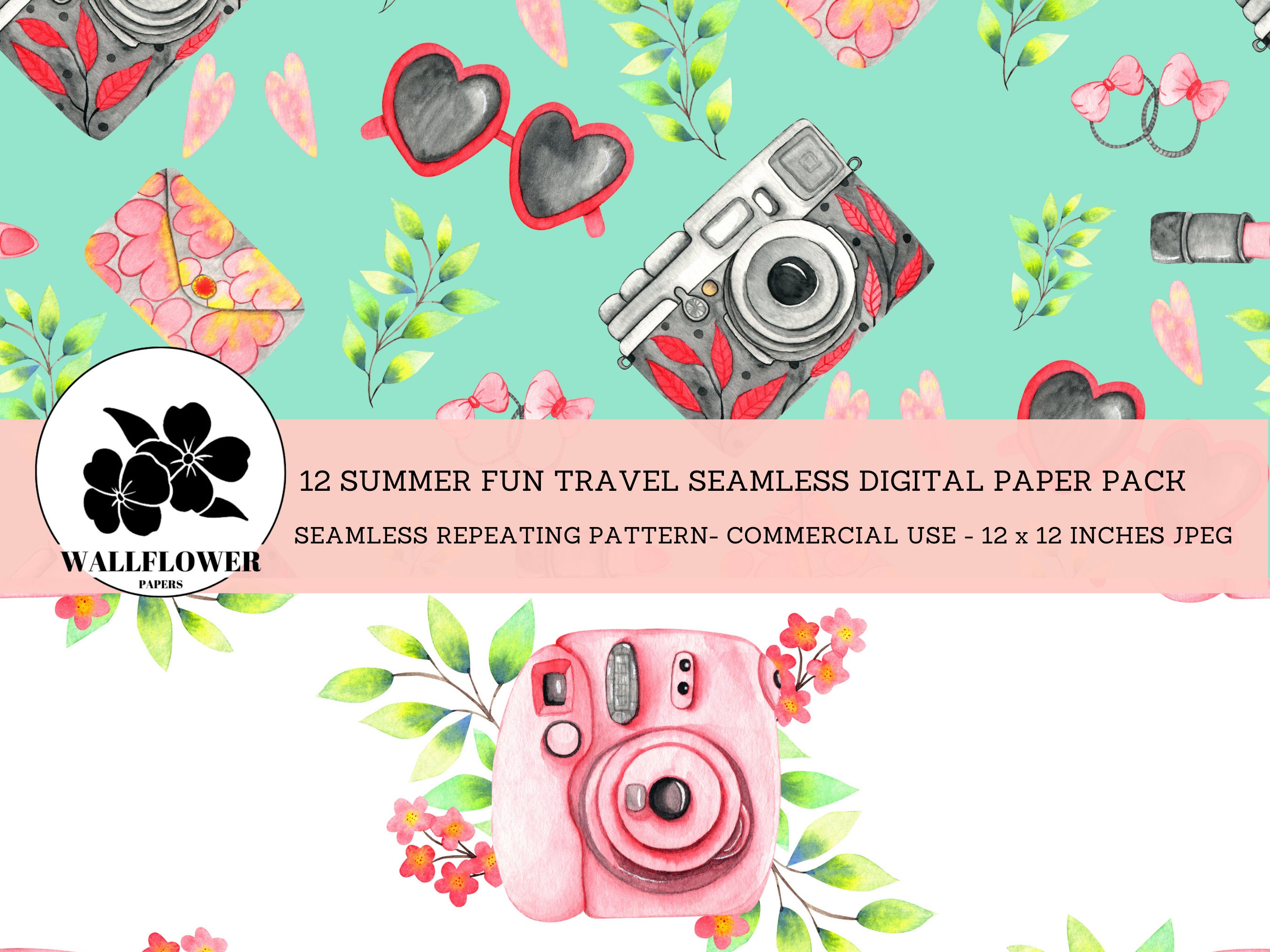 Summer Fun Travel Seamless Digital Papers, Cameras and Sunglasses, Pink ...