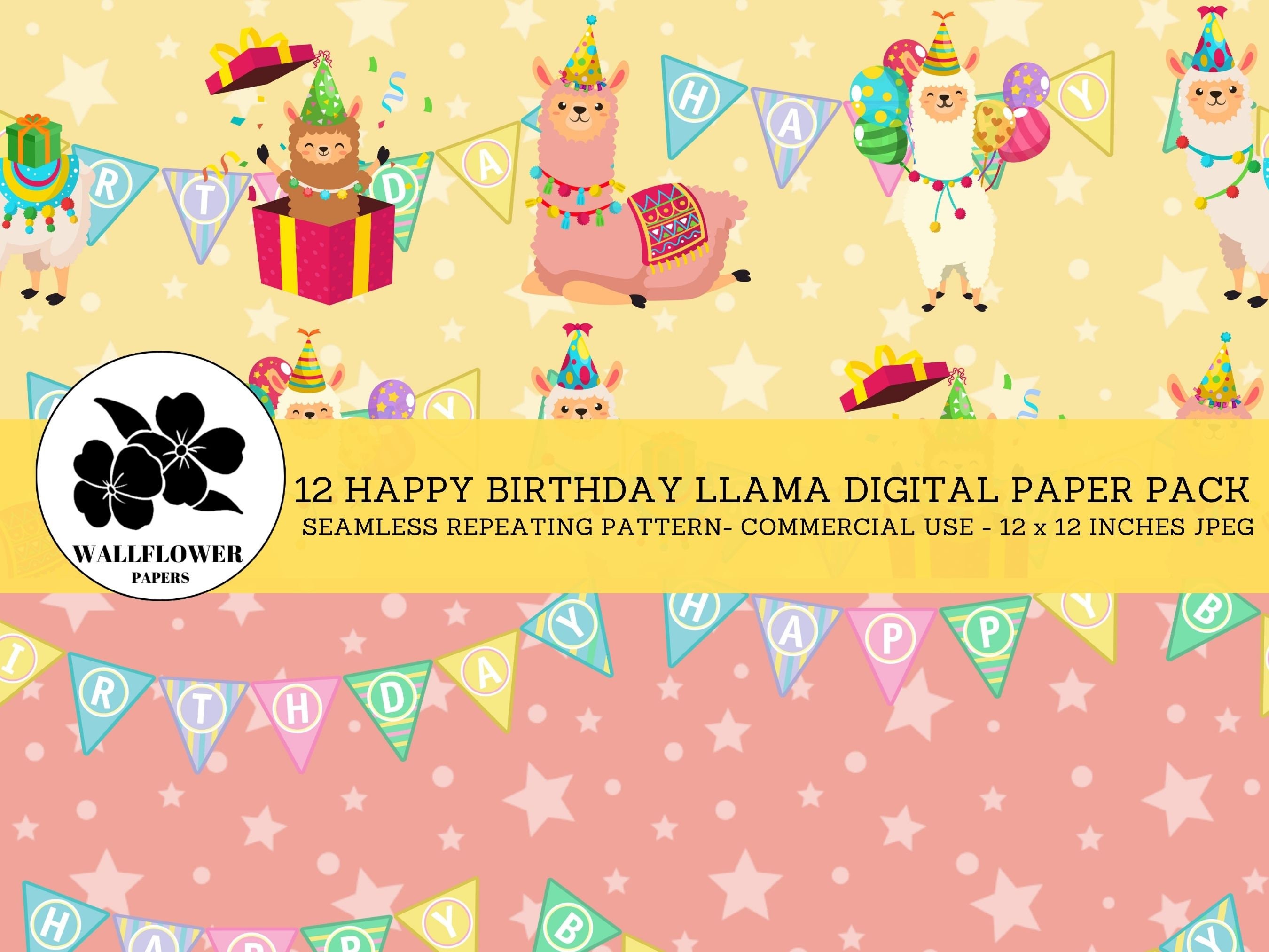 Happy Birthday Llama Seamless Digital Papers, Llamas & Cakes, Happy ...