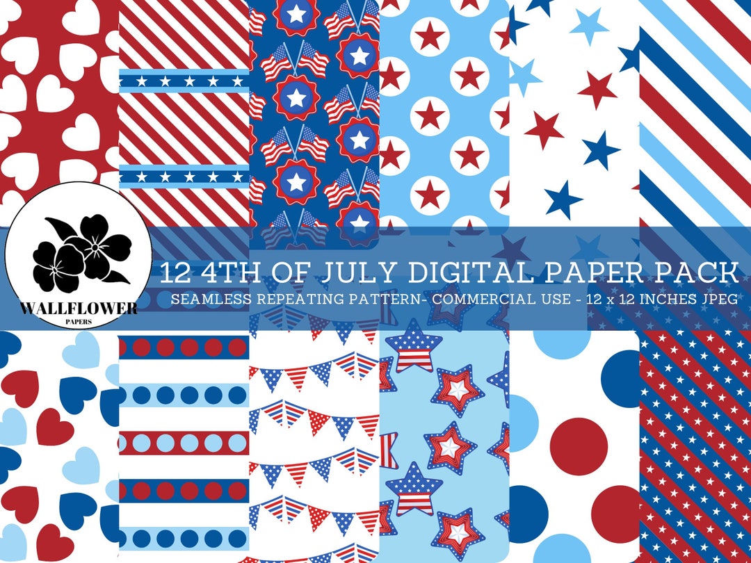 4th of July Seamless Digital Papers, American Flags and Stars, Blue and ...