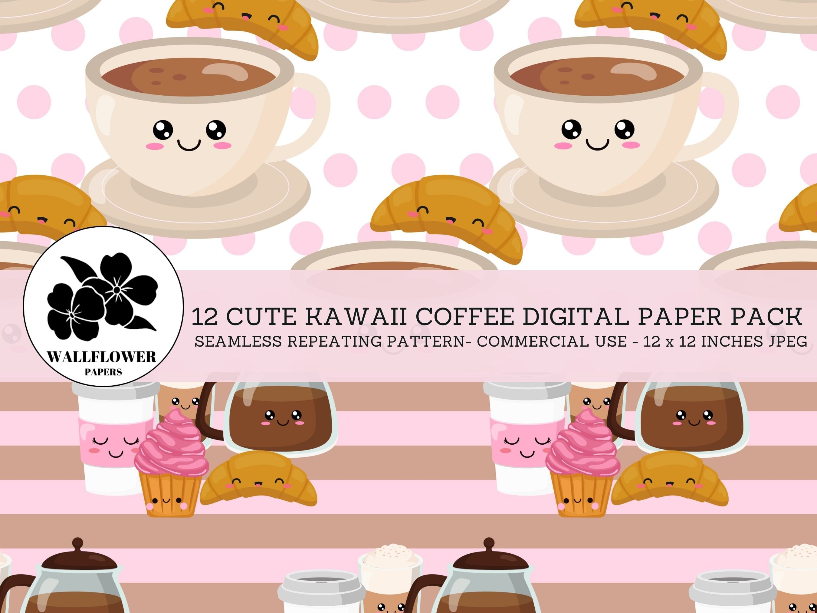 Cute Kawaii Coffee Seamless Digital Papers, Coffee Cups and Pastries ...