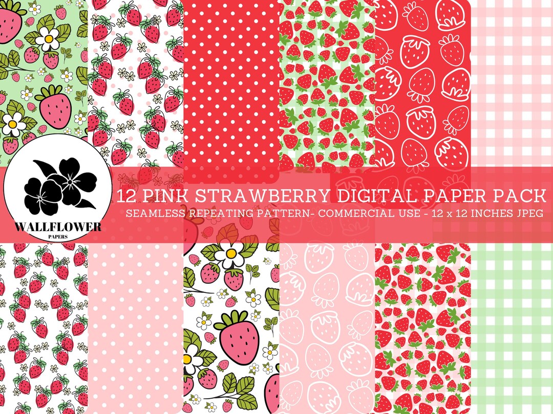 Strawberries Theme Digital Papers, Strawberry Fruit and Patterns ...