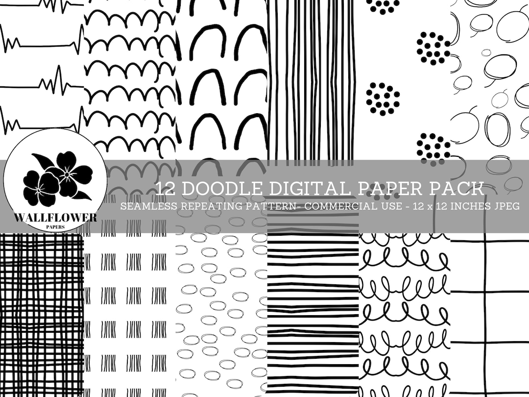 Black and White Doodle Seamless Digital Papers, Abstract Lines Hand ...