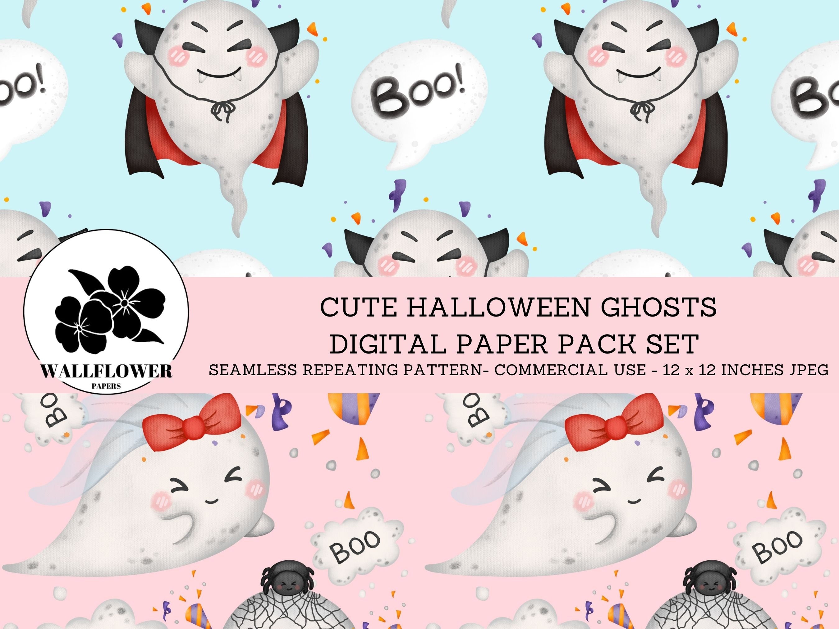 Cute Halloween Seamless Digital Papers, Cute Ghosts, Pumpkins & Witches ...