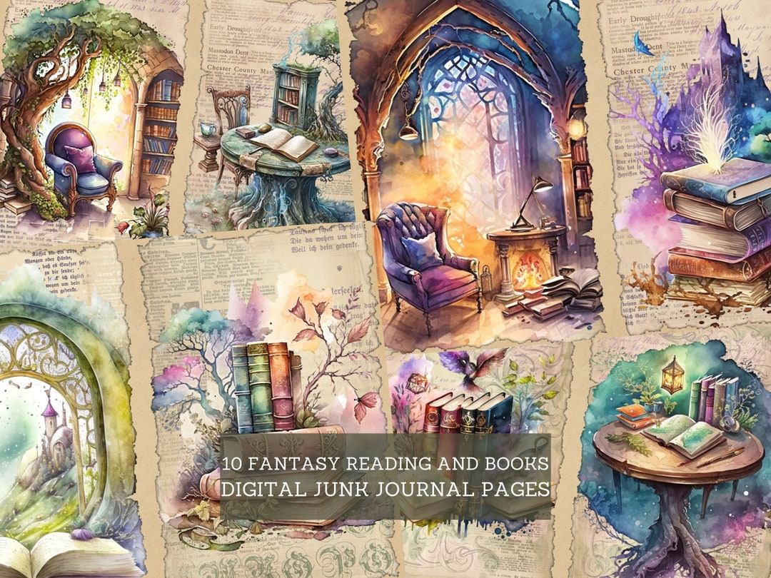 Fantasy Reading and Books Junk Journal Pages, Magic Bookshelf Junk ...