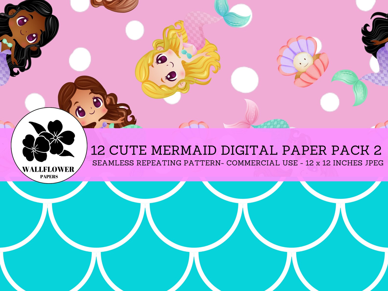 Cute Mermaid Seamless Digital Papers 2, Mermaids and Tail Scales, Pink ...