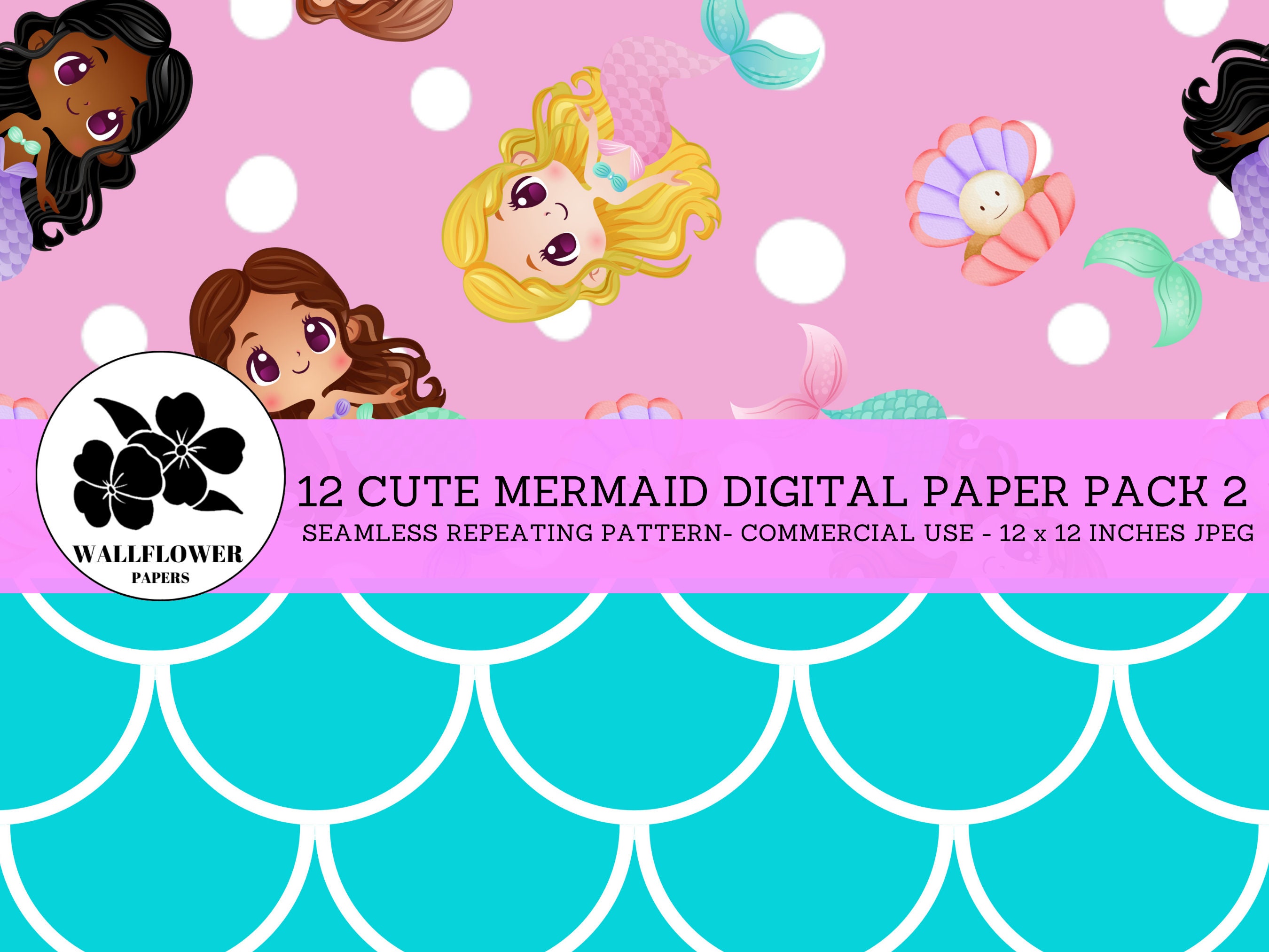 Cute Mermaid Seamless Digital Papers 2, Mermaids and Tail Scales, Pink ...